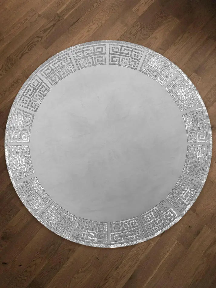 Anka Round Luxury Rug, Greek Key Pattern Leather Mat, Washable Carpet