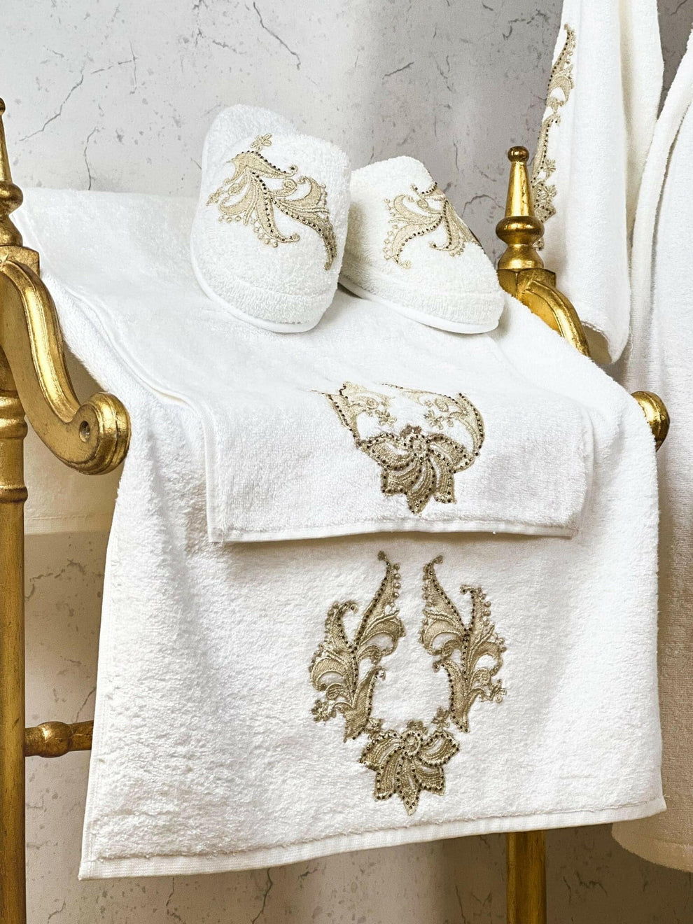 Alev Vintage Embroidery Lace White Women's Bathrobe Set, Luxury Robe