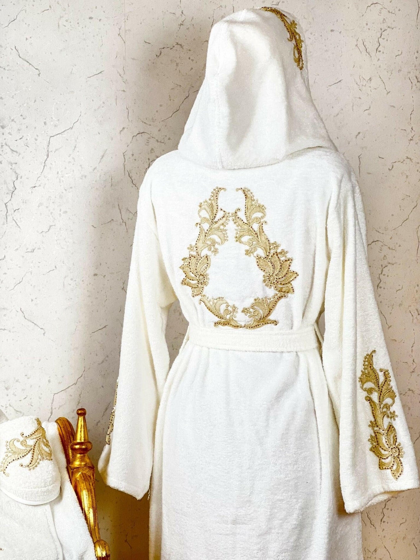 Alev Vintage Embroidery Lace White Women's Bathrobe Set, Luxury Robe