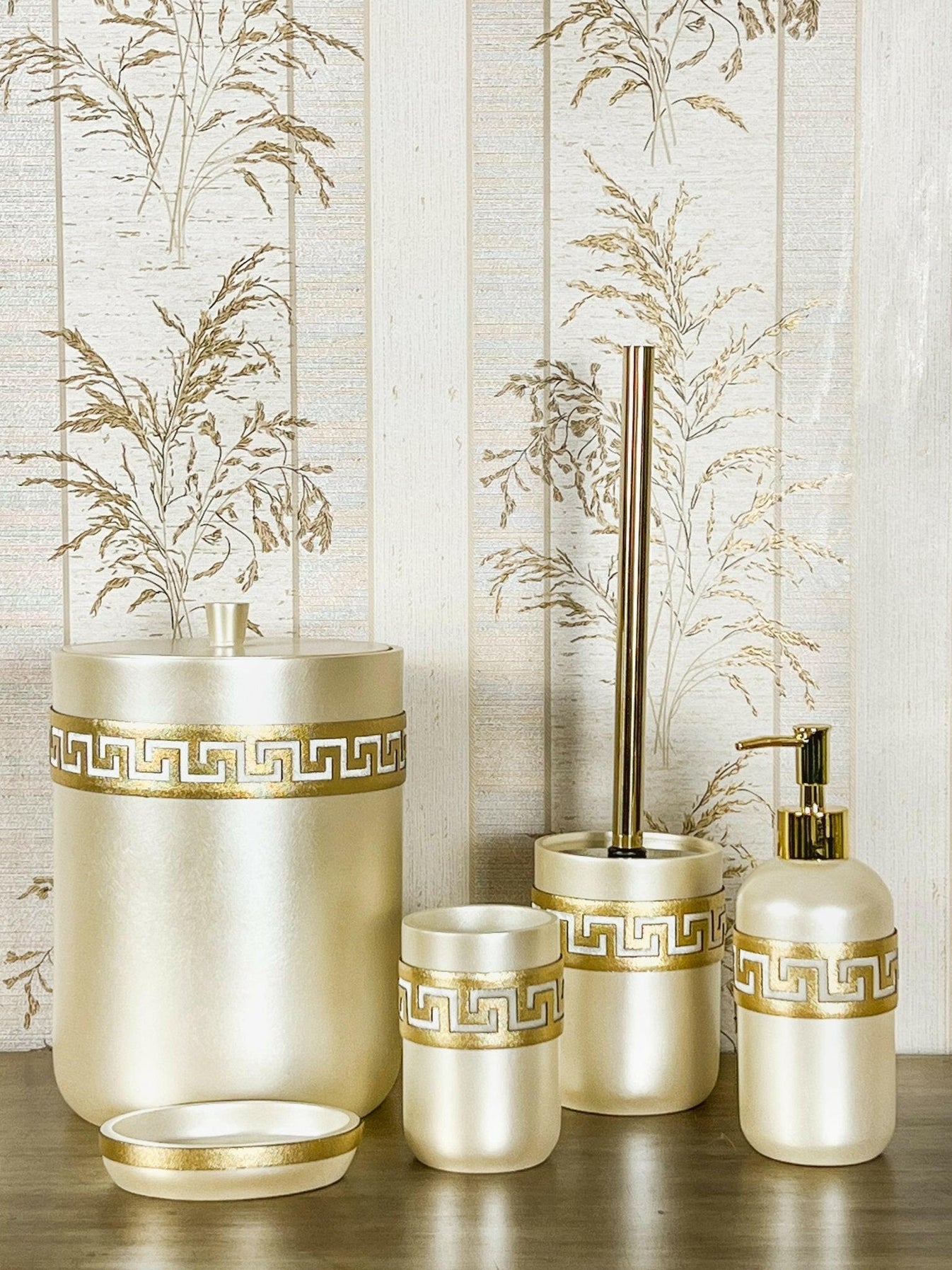Anka Greek Key Cream & Gold Bathroom Accessory Set, Luxury Bath Decor