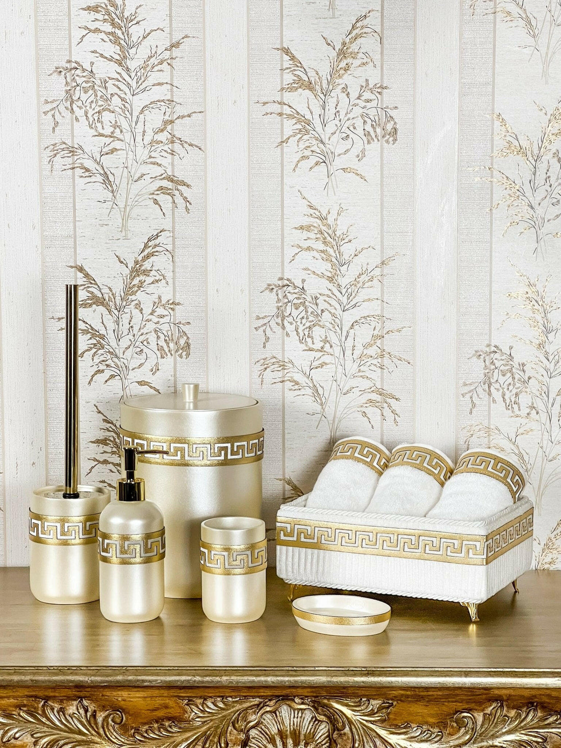 Anka Greek Key Cream & Gold Bathroom Accessory Set, Luxury Bath Decor