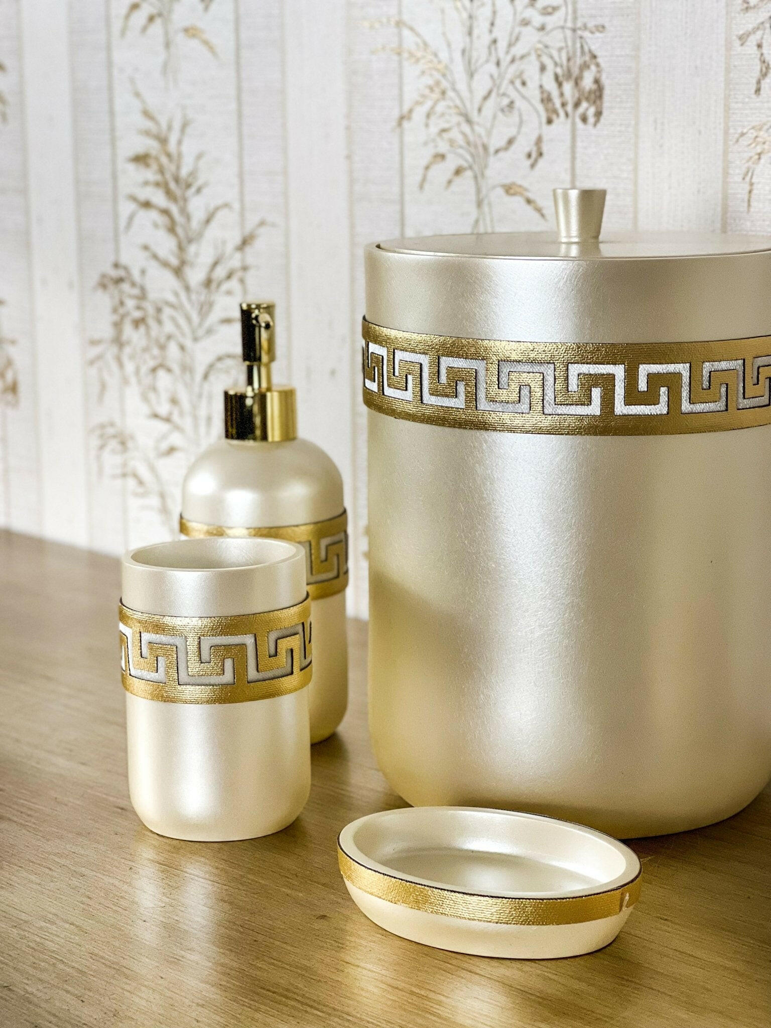 Anka Greek Key Cream & Gold Bathroom Accessory Set, Luxury Bath Decor