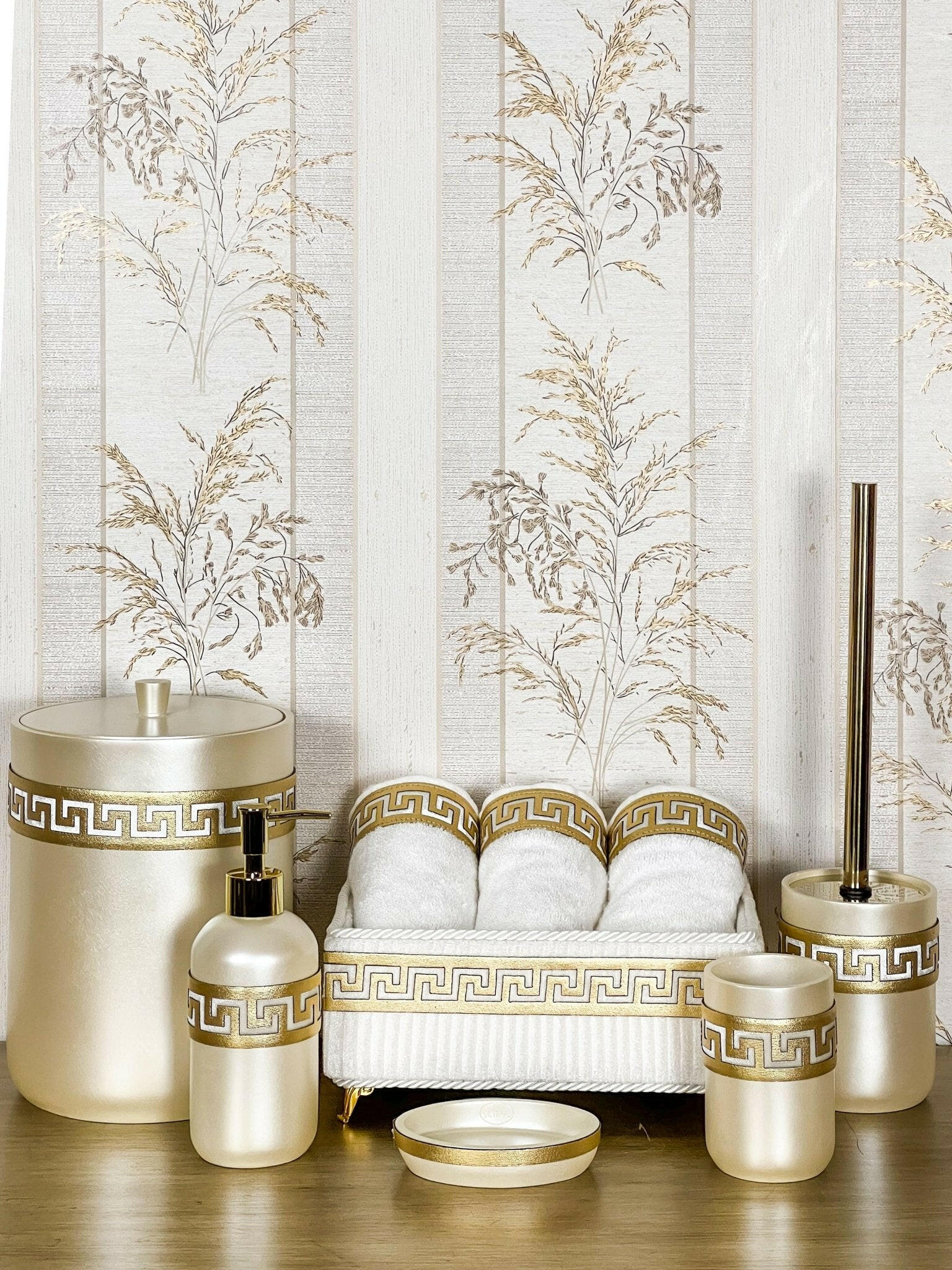 Anka Greek Key Cream & Gold Bathroom Accessory Set, Luxury Bath Decor