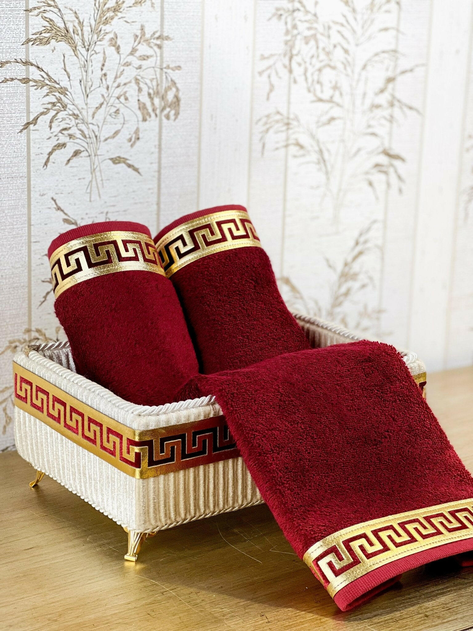 Anka Greek Key Red & Gold Bathroom Accessory Set, Luxury Bath Decor