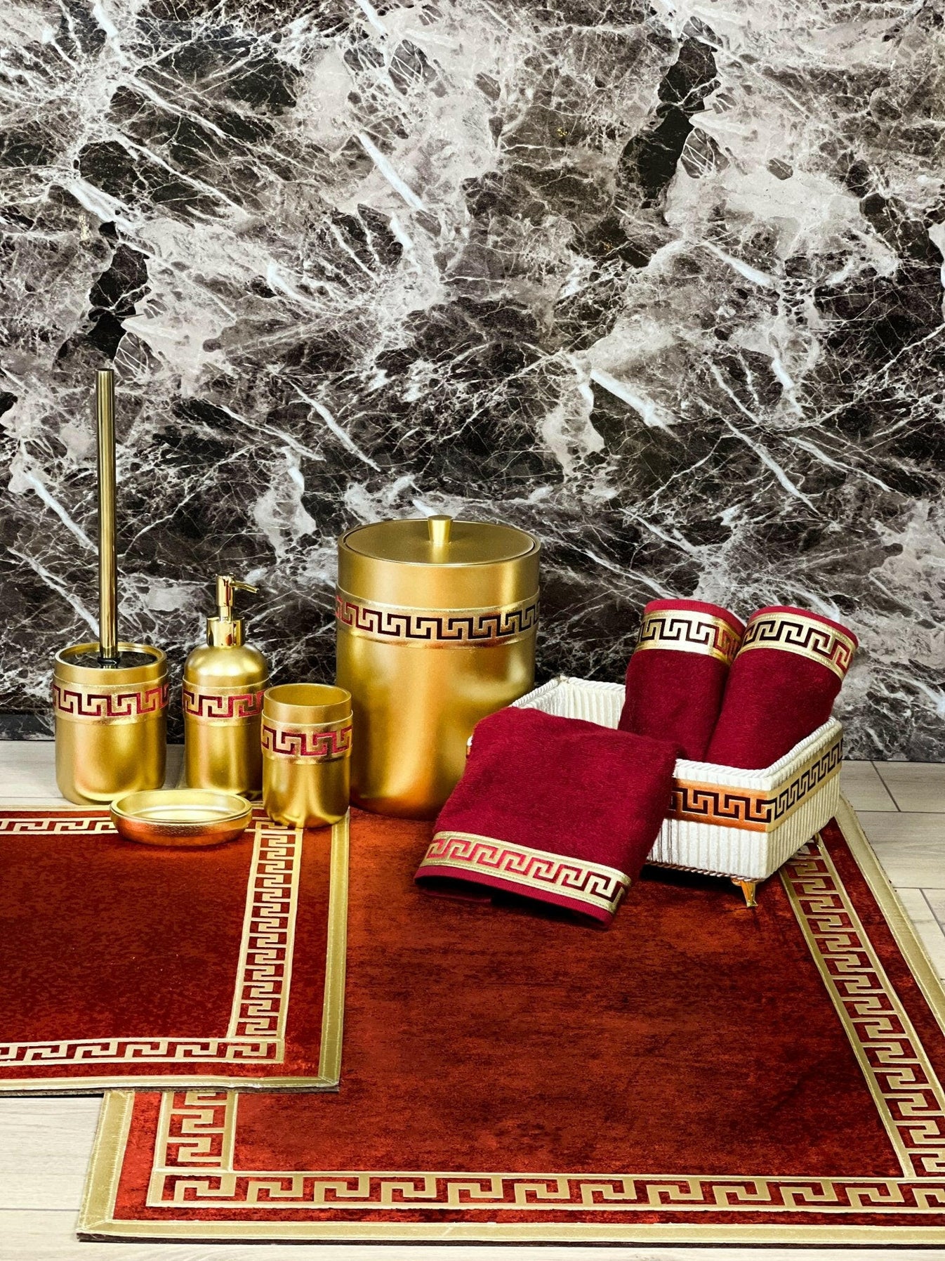 Anka Greek Key Red & Gold Bathroom Accessory Set, Luxury Bath Decor