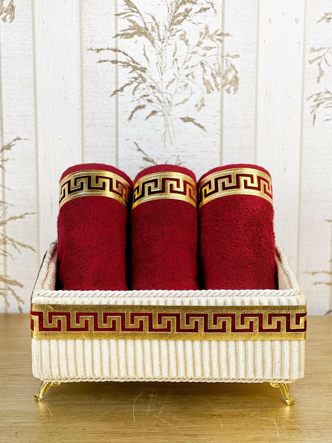 Anka Greek Key Red & Gold Bathroom Accessory Set, Luxury Bath Decor