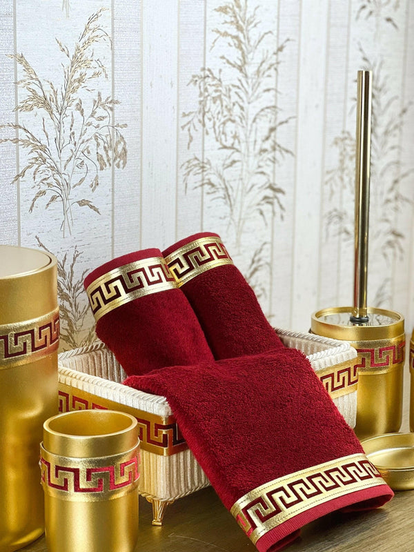 Anka Greek Key Red & Gold Bathroom Accessory Set, Luxury Bath Decor