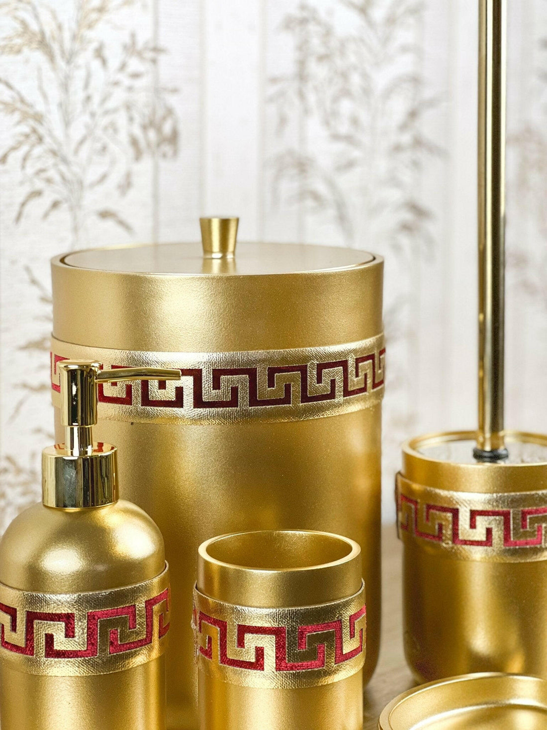 Anka Greek Key Red & Gold Bathroom Accessory Set, Luxury Bath Decor