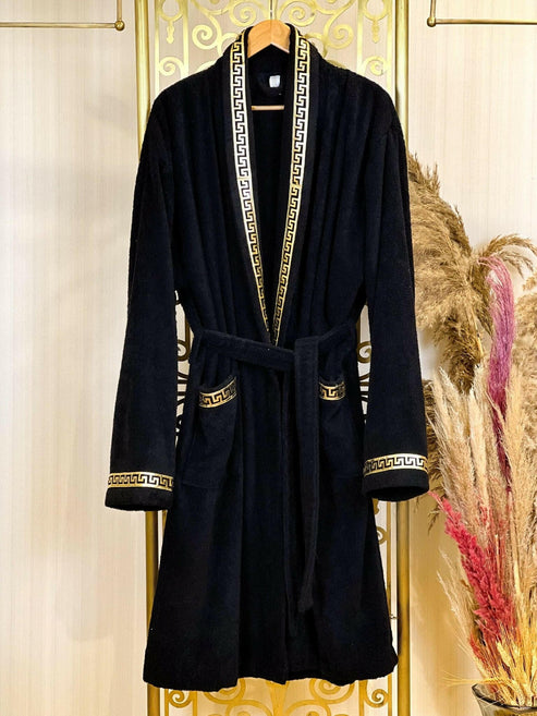 Anka Exclusive Greek Key Pattern Black Men's Bathrobe Set, Luxury Robe
