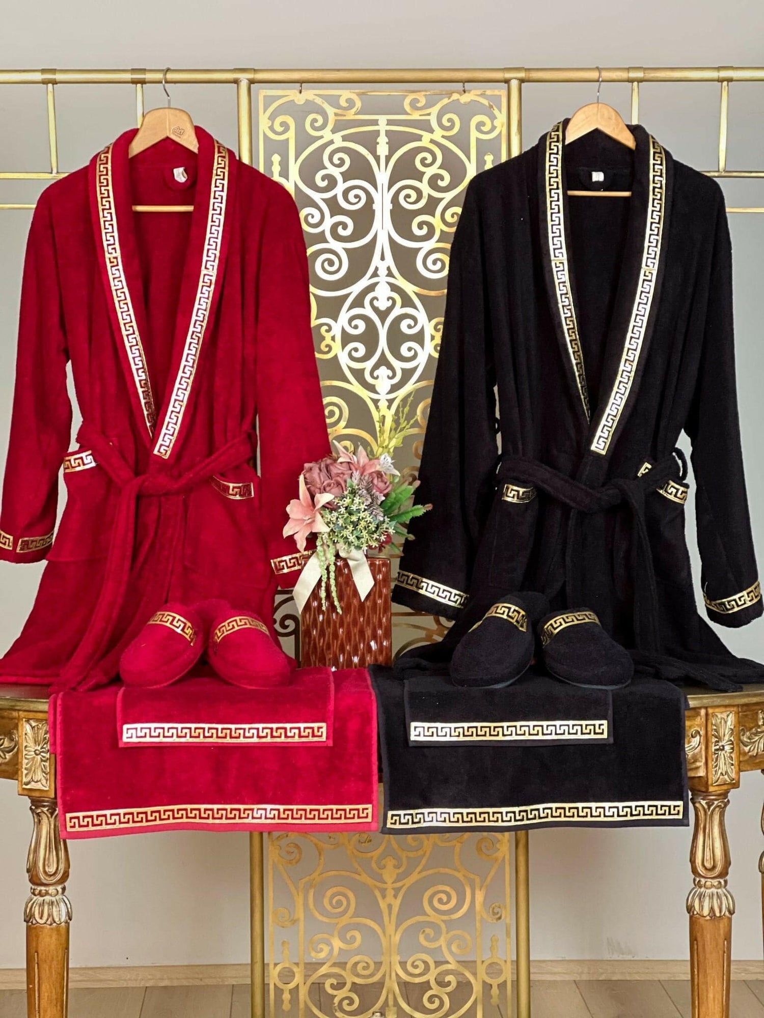 Anka Greek Key Patterned (His & Her) Couple's Matching Bathrobe Set