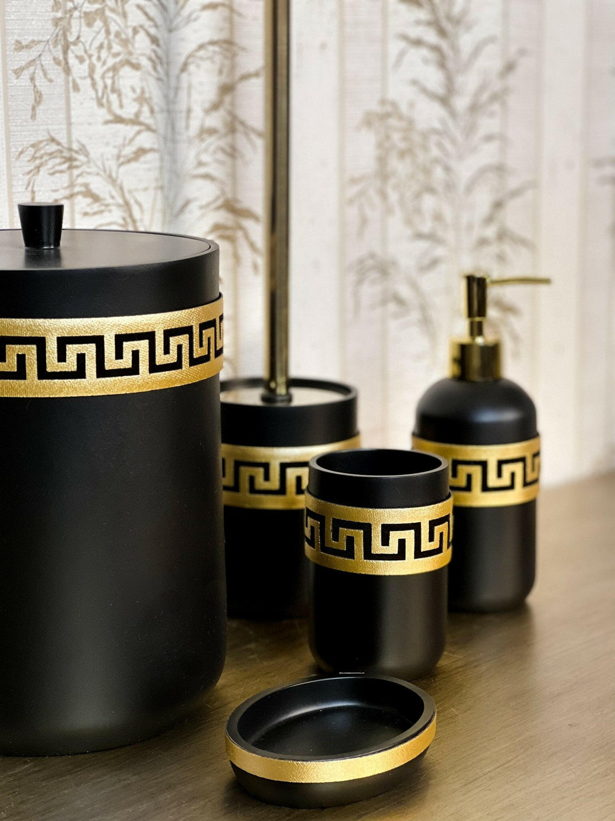 Anka Greek Key Black & Gold Bathroom Accessory Set, Luxury Bath Decor