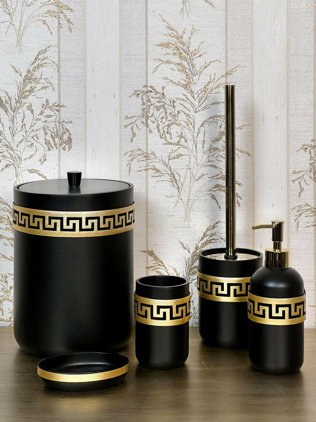 Anka Greek Key Black & Gold Bathroom Accessory Set, Luxury Bath Decor