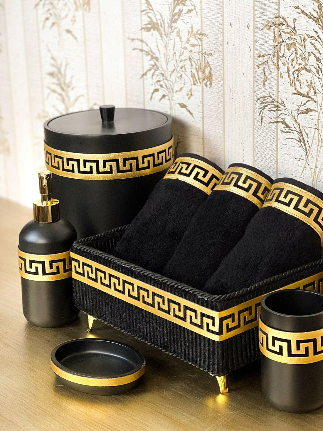 Anka Greek Key Black & Gold Bathroom Accessory Set, Luxury Bath Decor