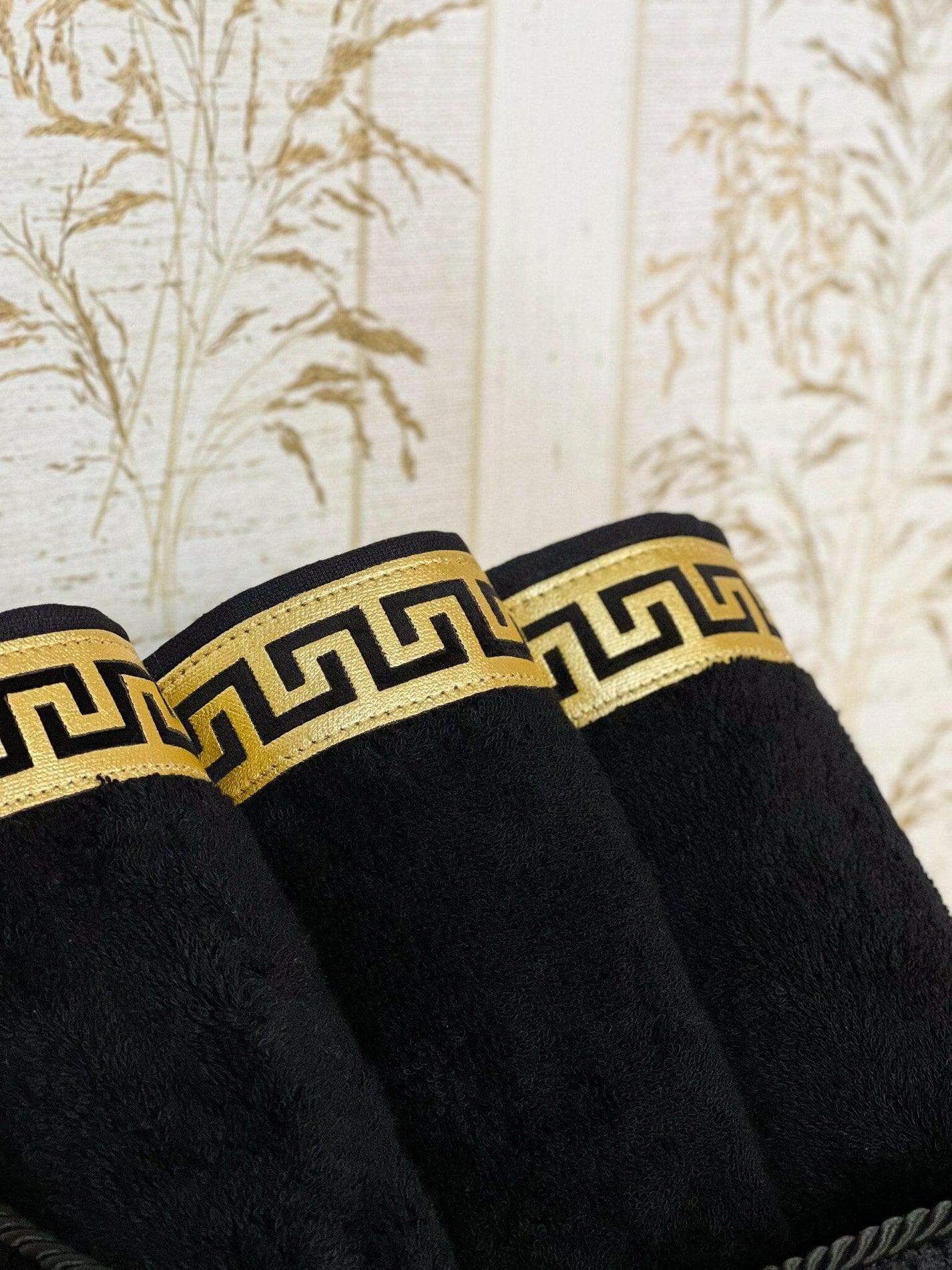 Anka Black & Gold Greek Key Style Decorative Towel Box, Bathroom Set