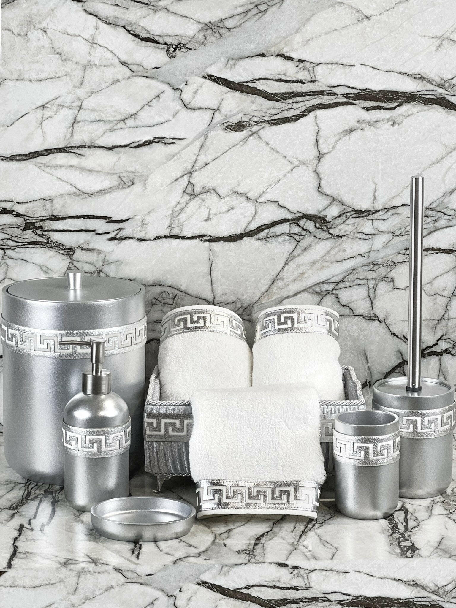 Anka Greek Key Grey & Silver Bathroom Accessory Set, Luxury Bath Decor