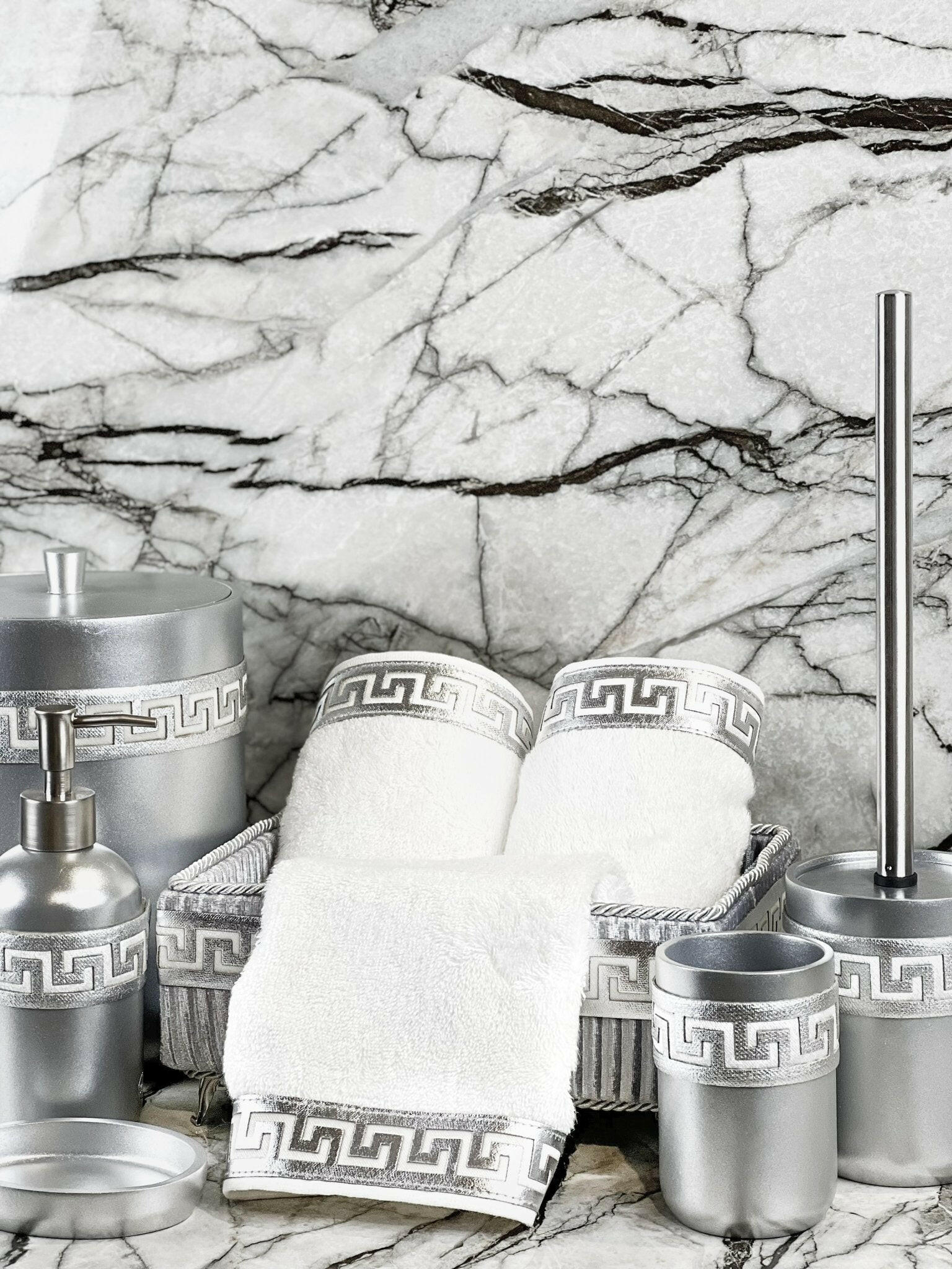 Anka Greek Key Grey & Silver Bathroom Accessory Set, Luxury Bath Decor