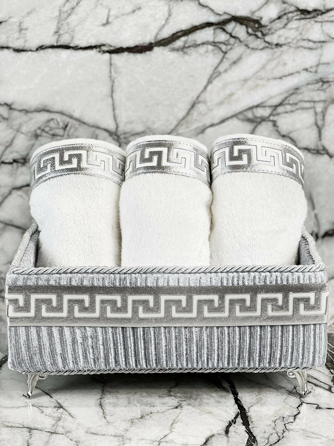Anka Grey & Silver Greek Key Decorative Towel Box, Bathroom Set