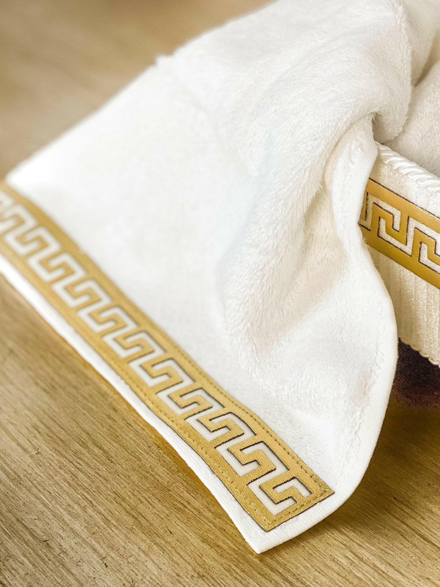 Anka Cream & Gold Greek Key Style Decorative Towel Box, Bathroom Set