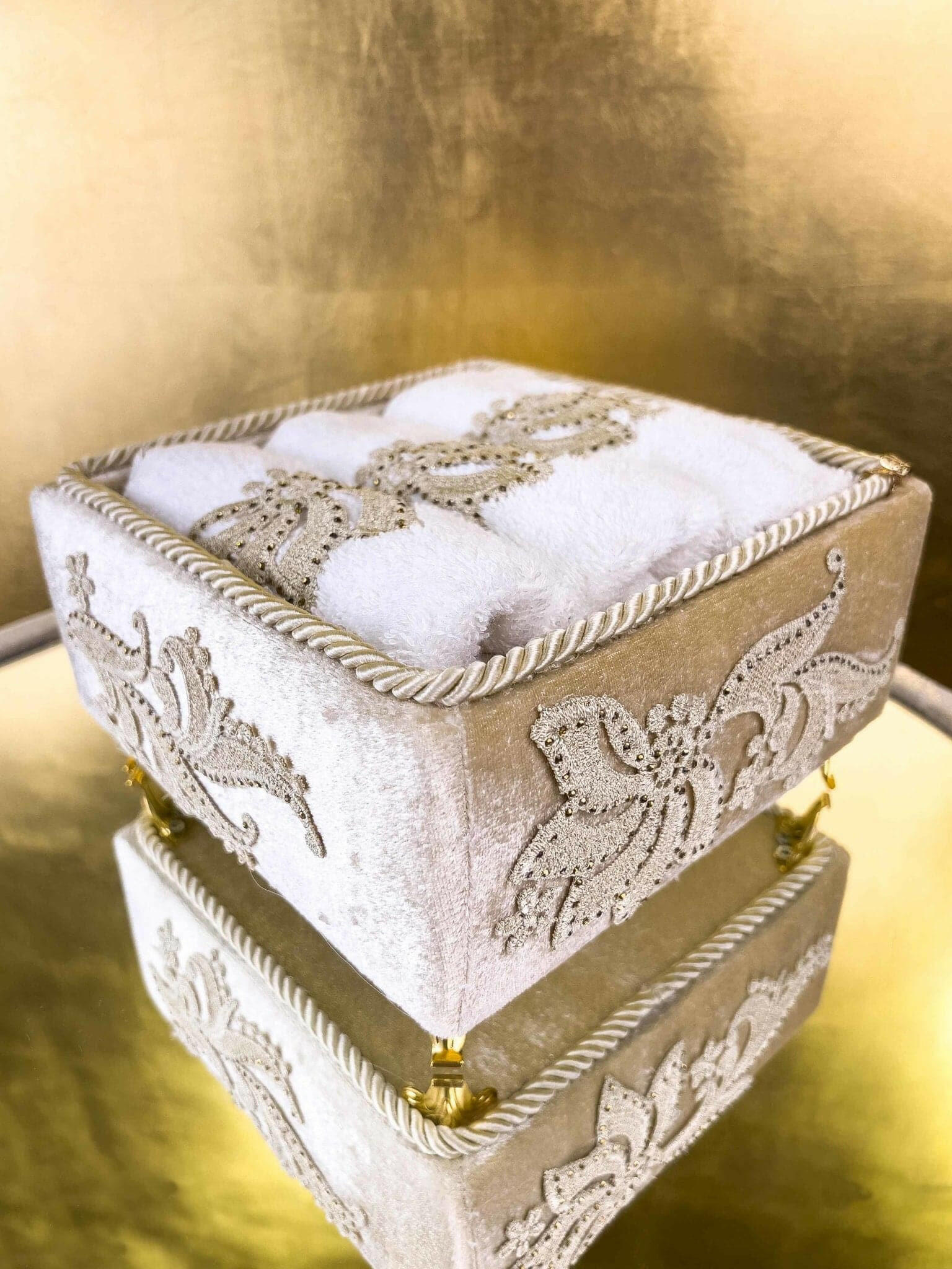 Ayla Gold Decorative Towel Box, Embroidered Bathroom Towel Box Set