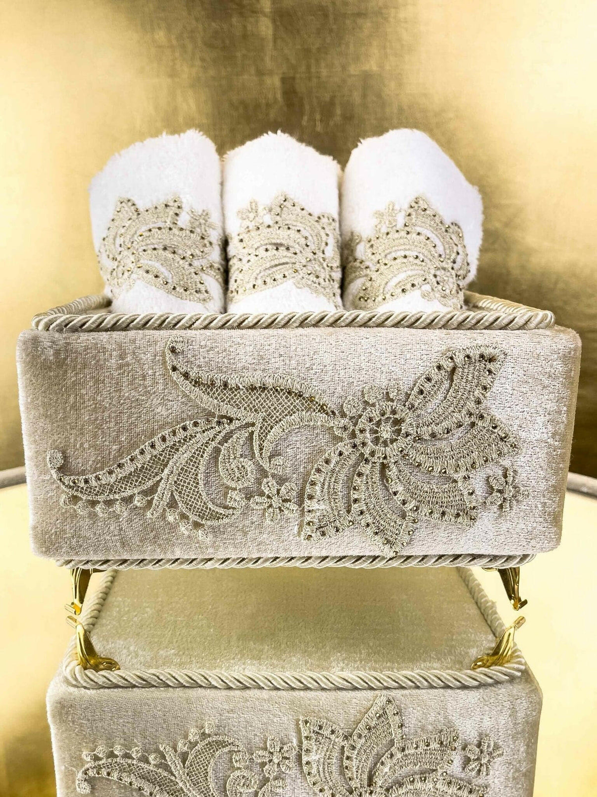 Ayla Gold Decorative Towel Box, Embroidered Bathroom Towel Box Set