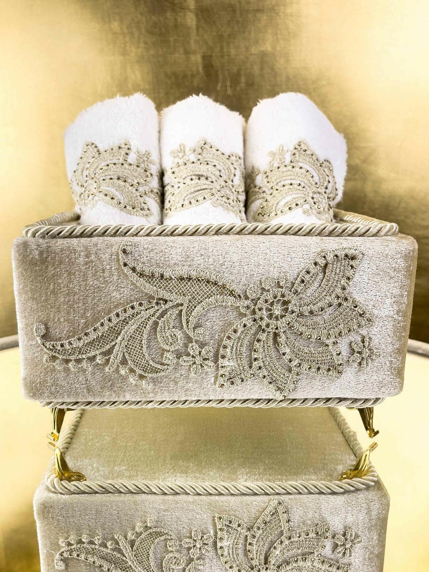 Ayla Gold Decorative Towel Box, Embroidered Bathroom Towel Box Set