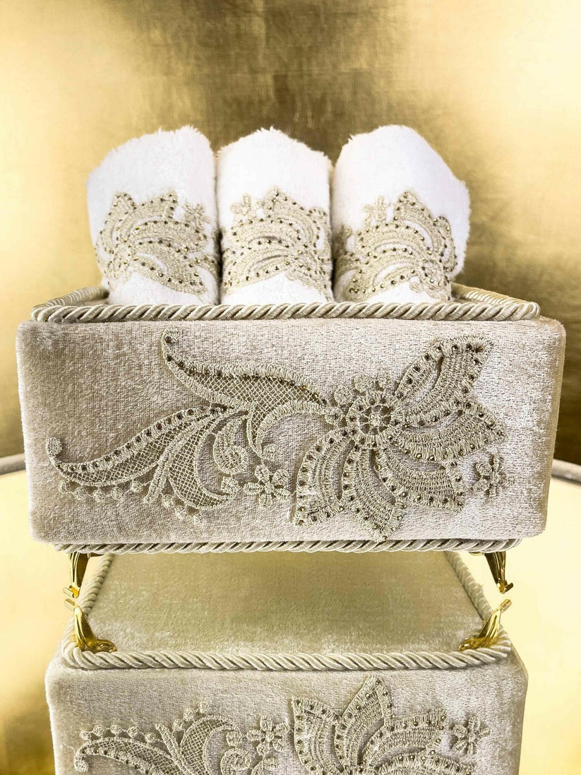 Ayla Gold Decorative Towel Box, Embroidered Bathroom Towel Box Set
