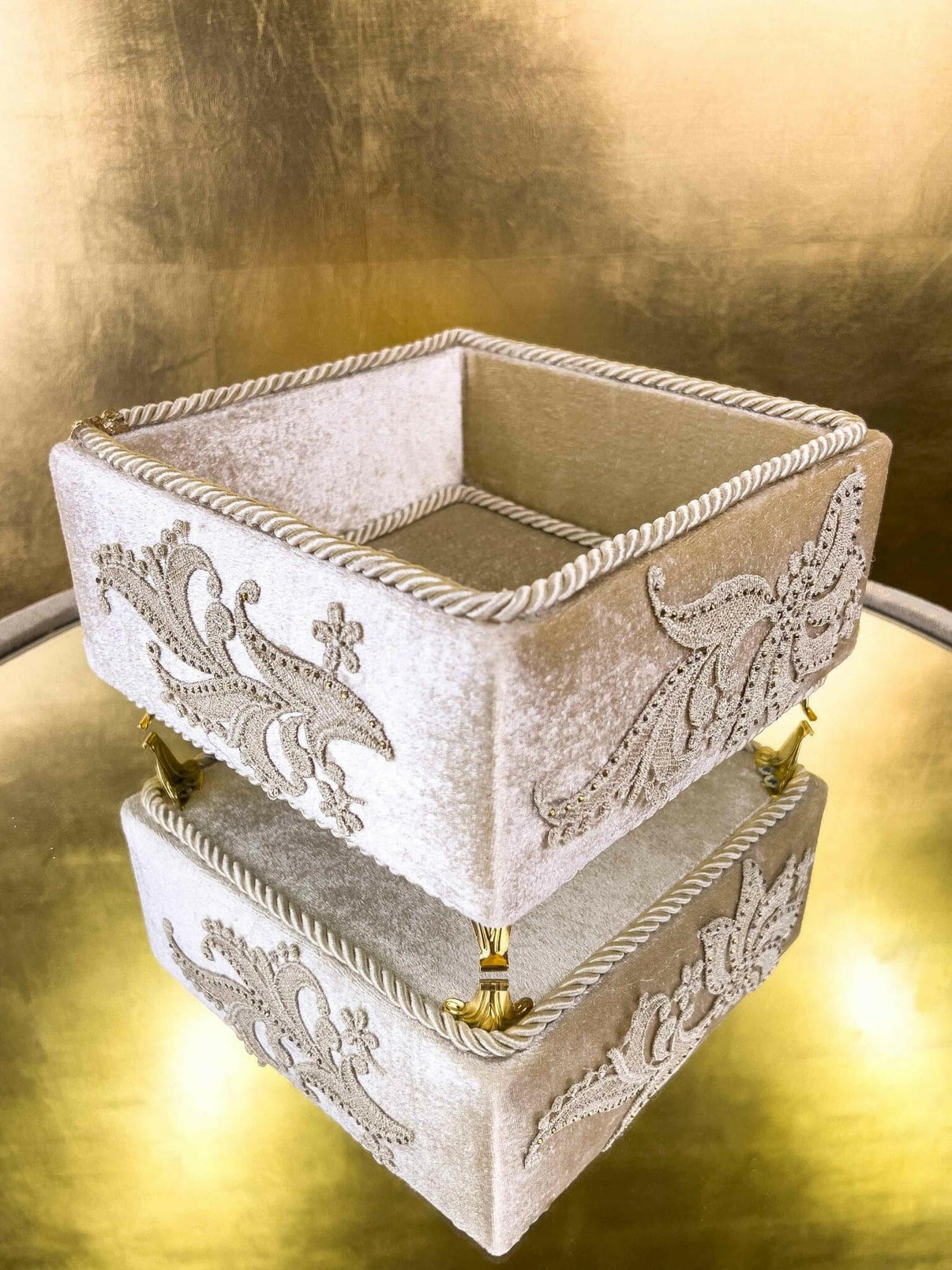 Ayla Gold Decorative Towel Box, Embroidered Bathroom Towel Box Set