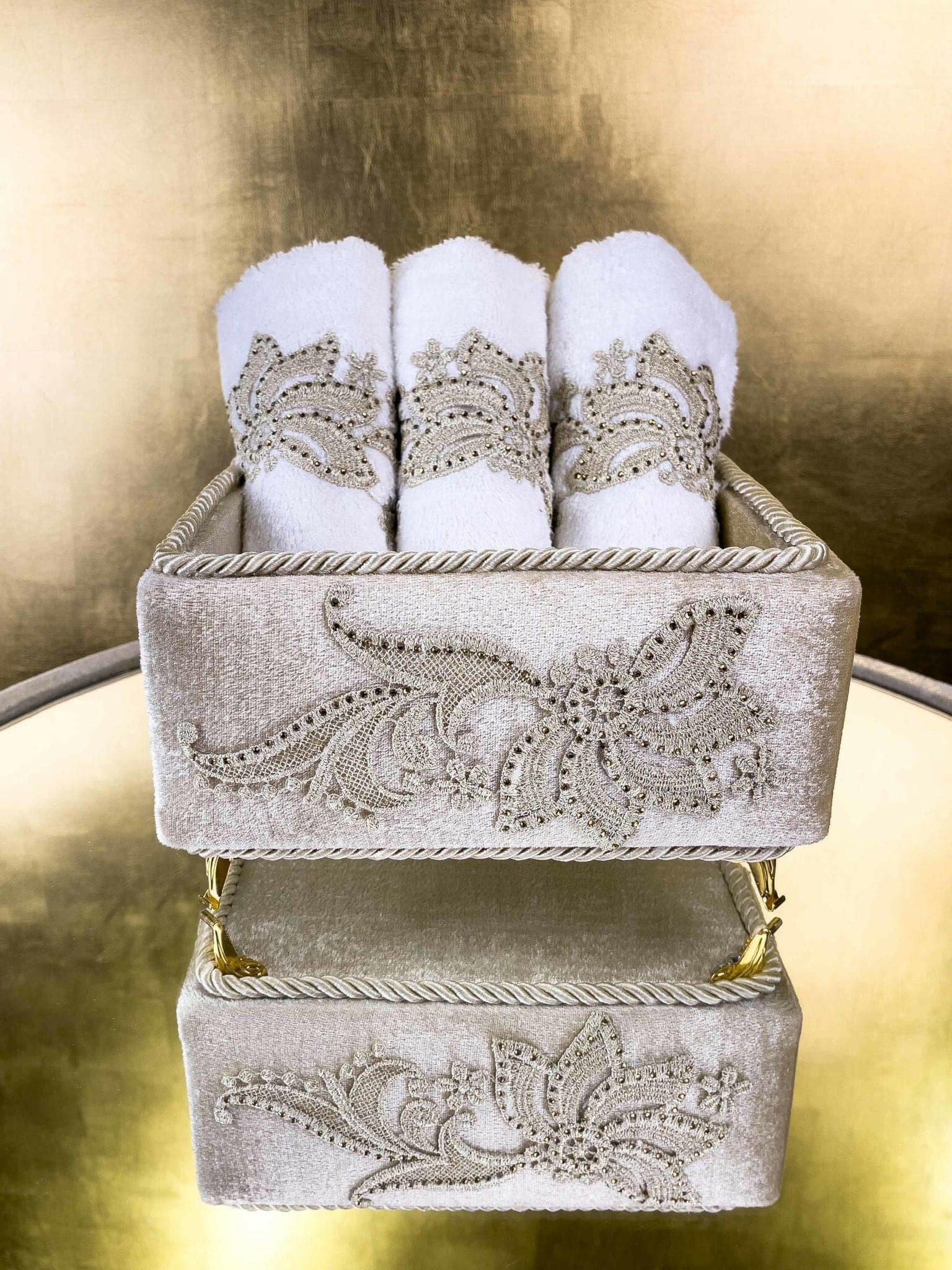 Ayla Gold Decorative Towel Box, Embroidered Bathroom Towel Box Set