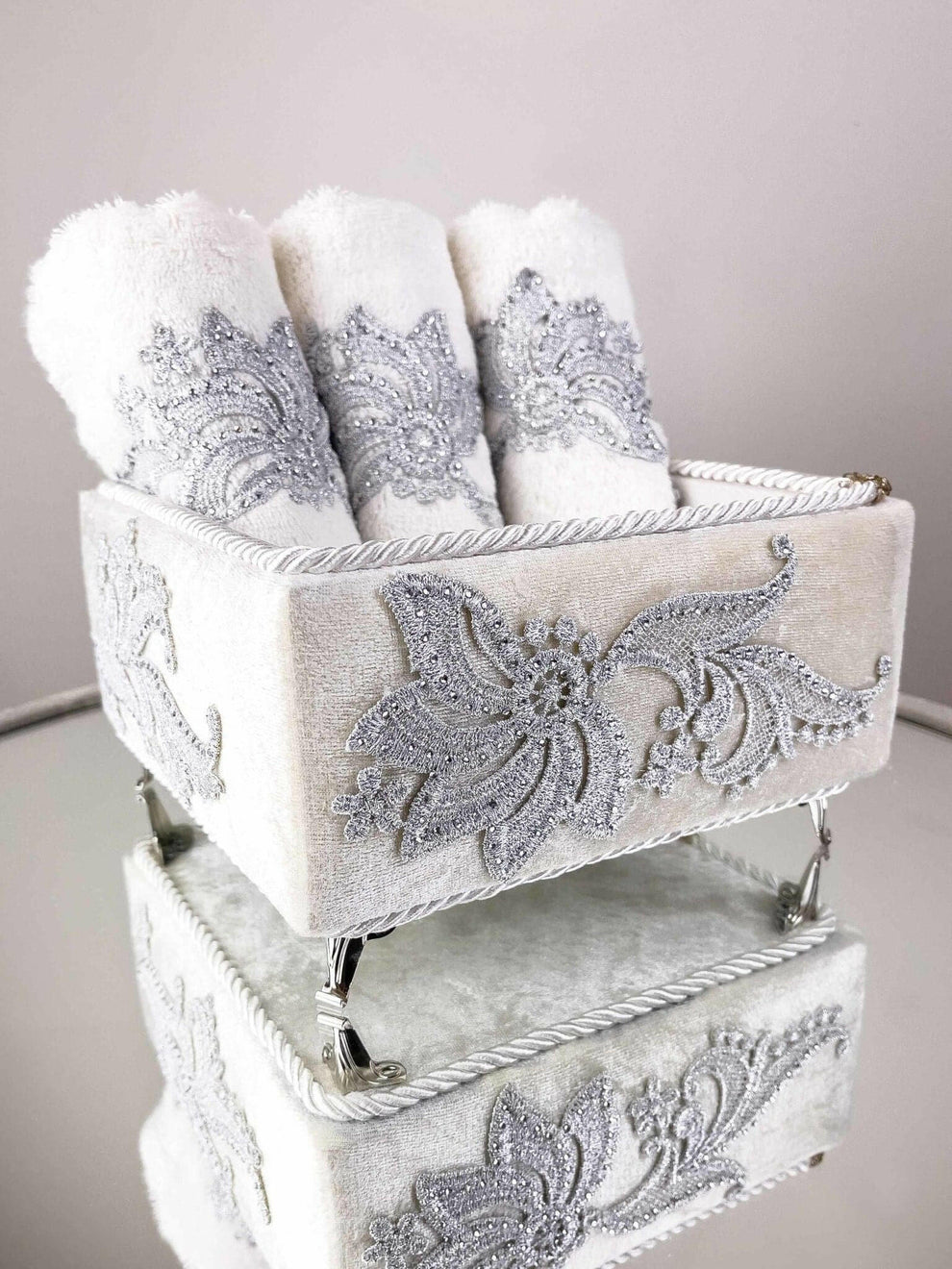 Ayla Silver Decorative Towel Box, Embroidered Bathroom Towel Box Set