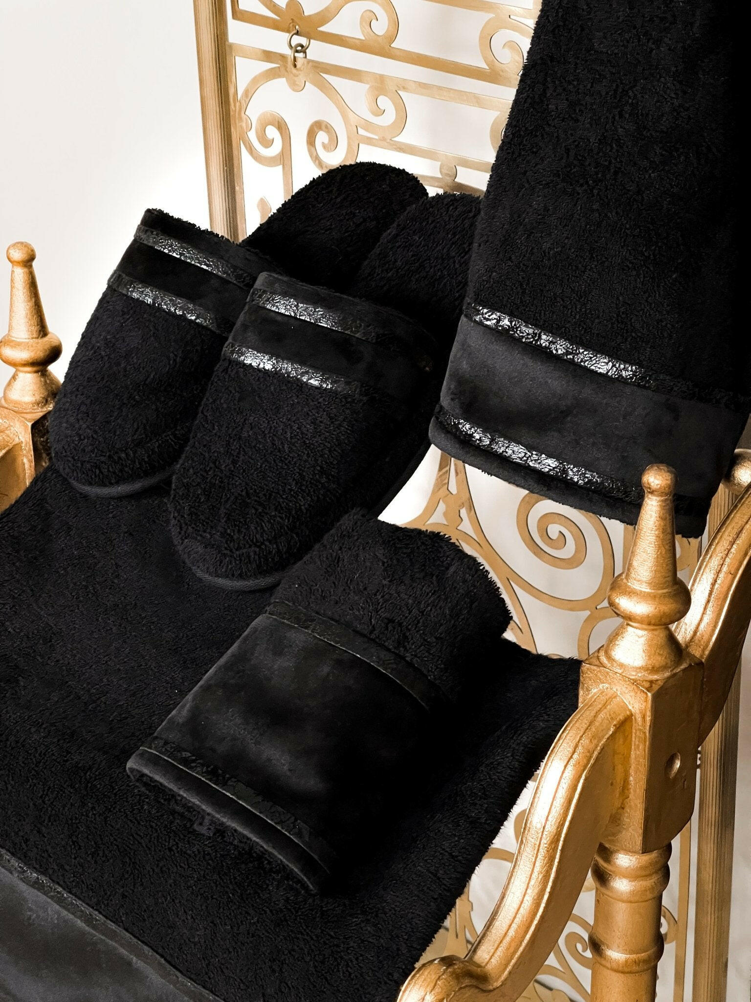 Bora Premier Luxury Men's Black Bathrobe Set, Gown Robe & Slippers Set