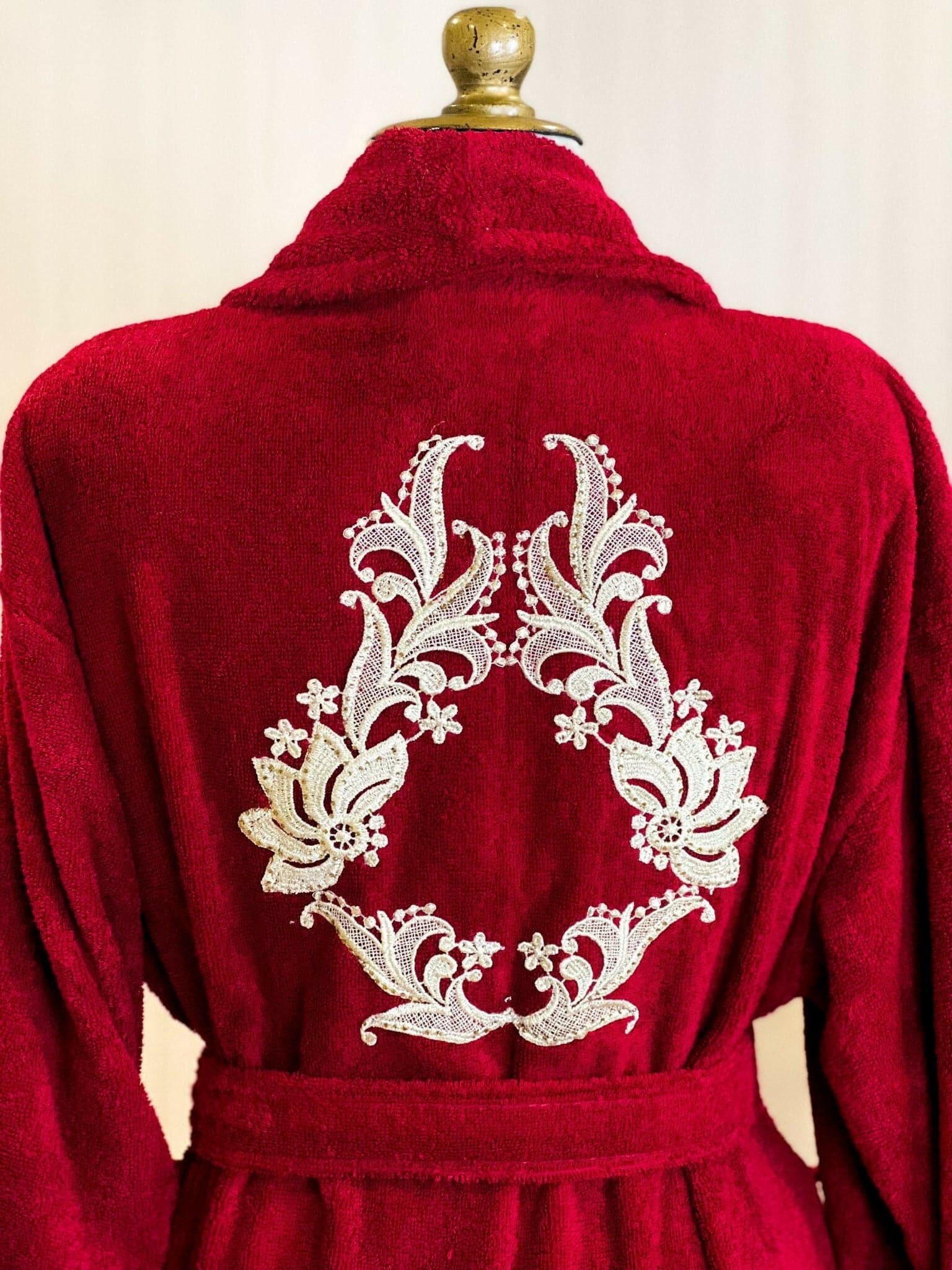 Deva Exclusive Embroidery Lace Red Women's Bathrobe Set, Luxury Robe