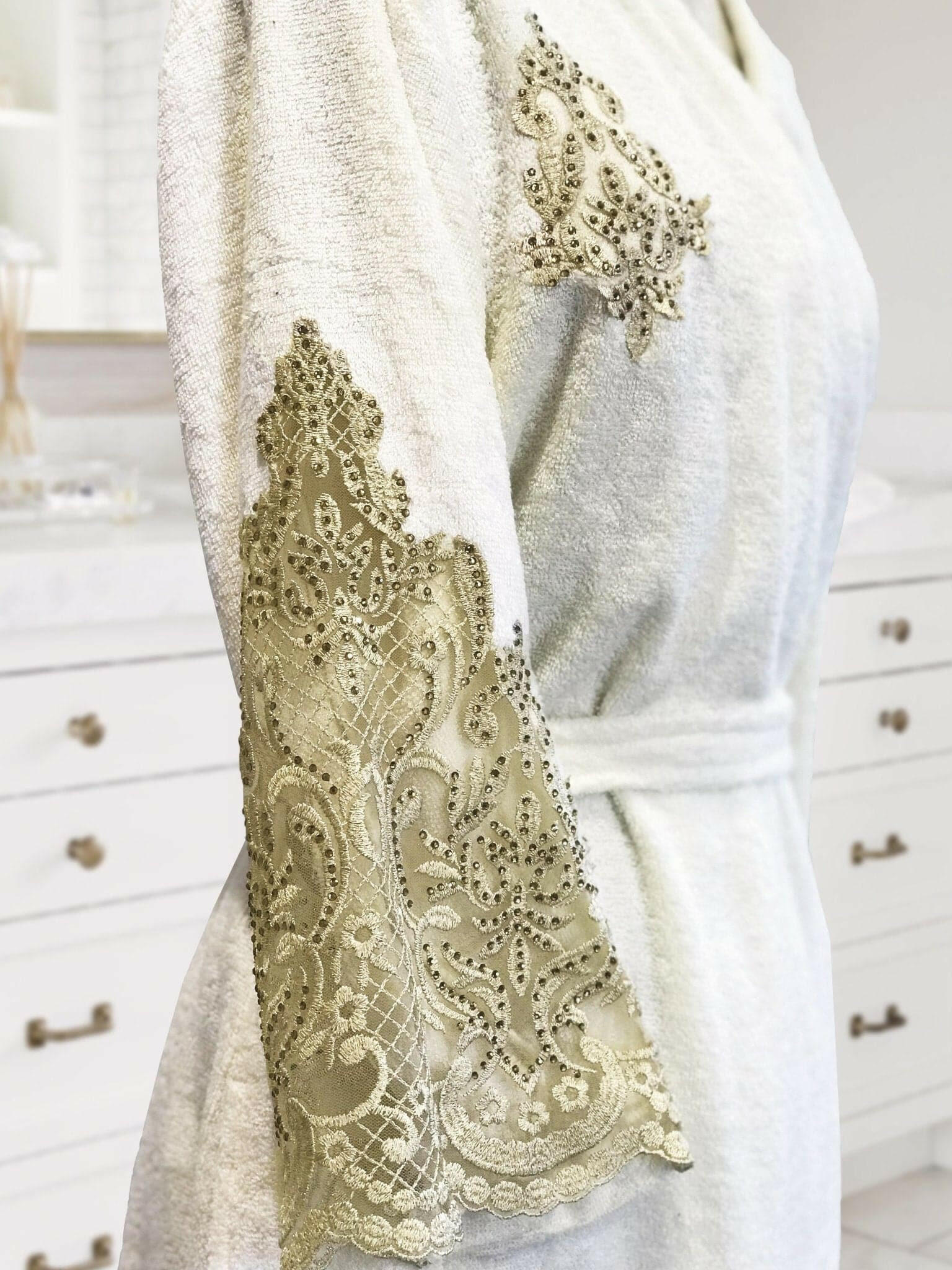 Ece Embroidered Lace White Women's Bathrobe Set, Elegant Luxury Robe
