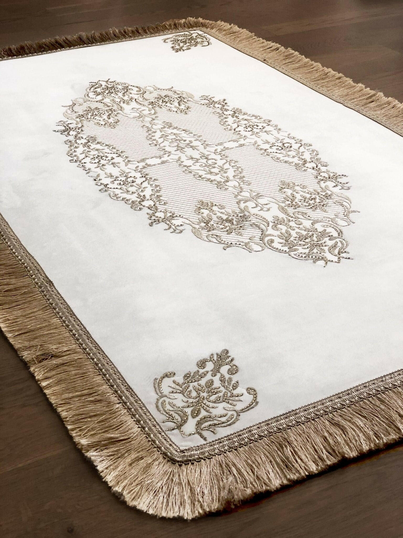Ece Rectangle Velvet Rug - European Style Embroidery Lace and Tassels