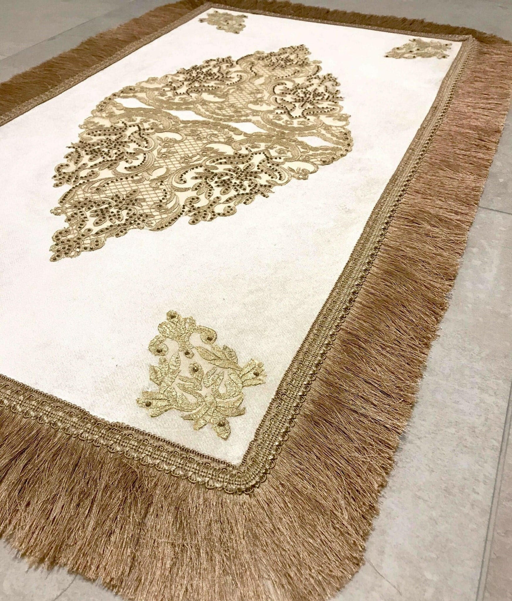 Ece Rectangle Velvet Rug - European Style Embroidery Lace and Tassels