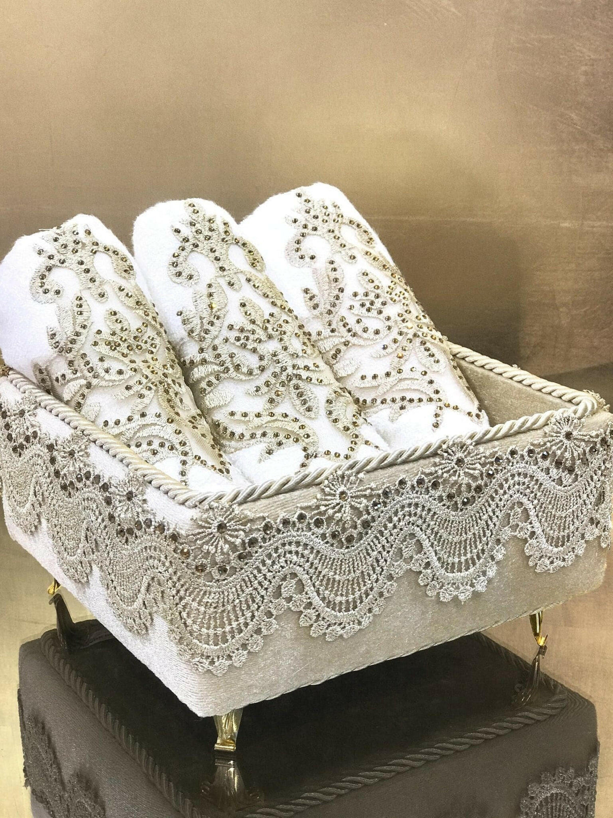 Ece Decorative Towel Box, Elegant Embroidered Bathroom Towel Box Set