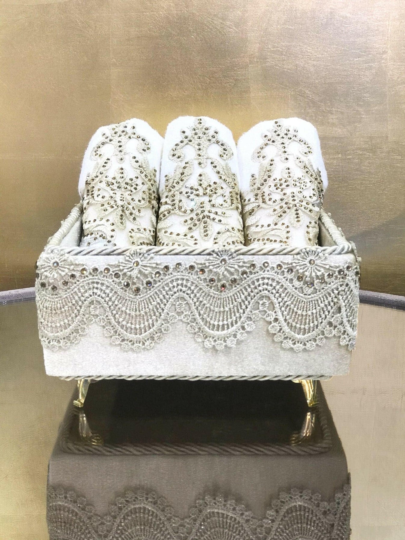 Ece Decorative Towel Box, Elegant Embroidered Bathroom Towel Box Set