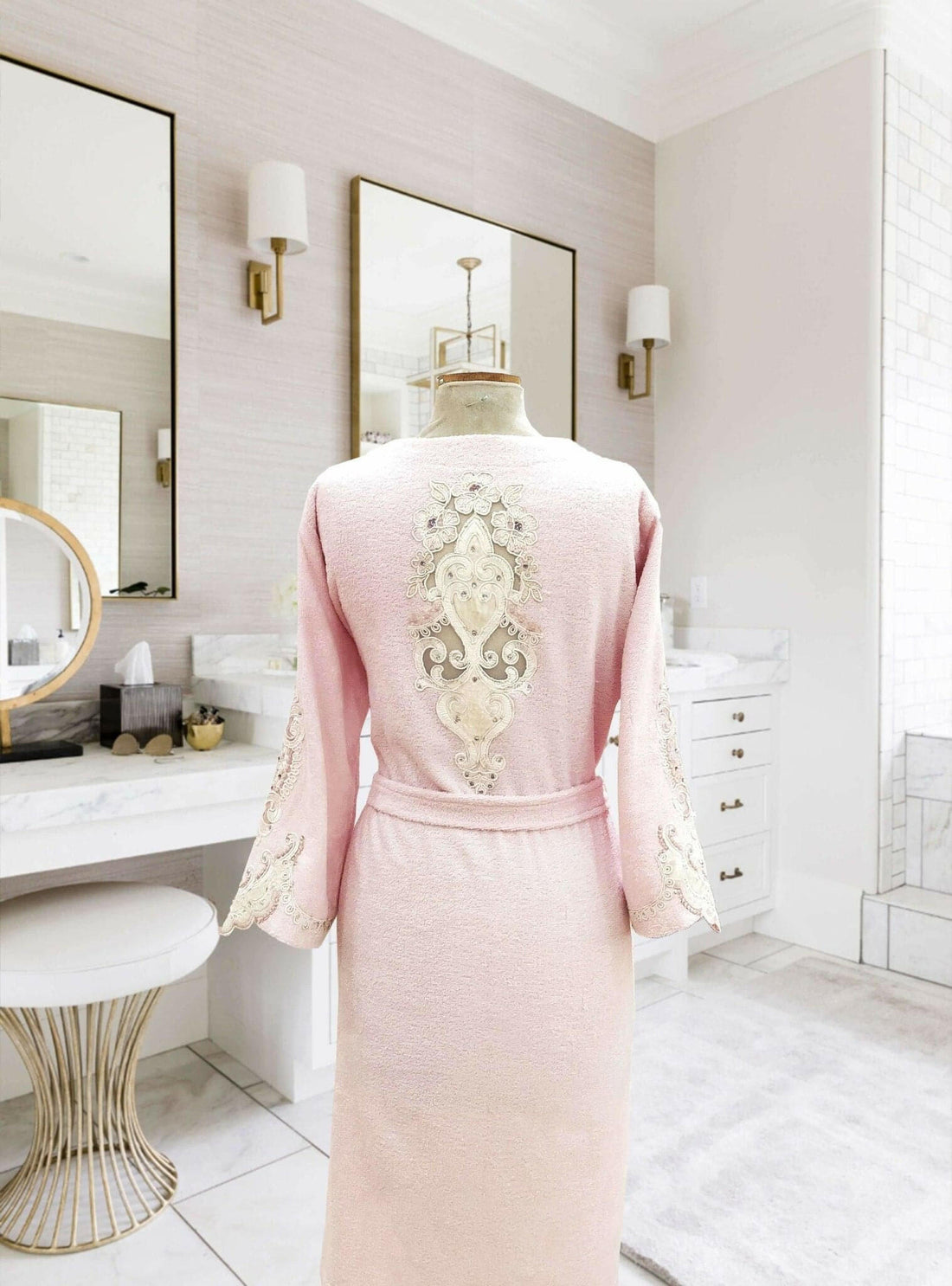 Eda Women's Pink Bathrobe, Luxury Soft Embroidered Gown & Slippers Set