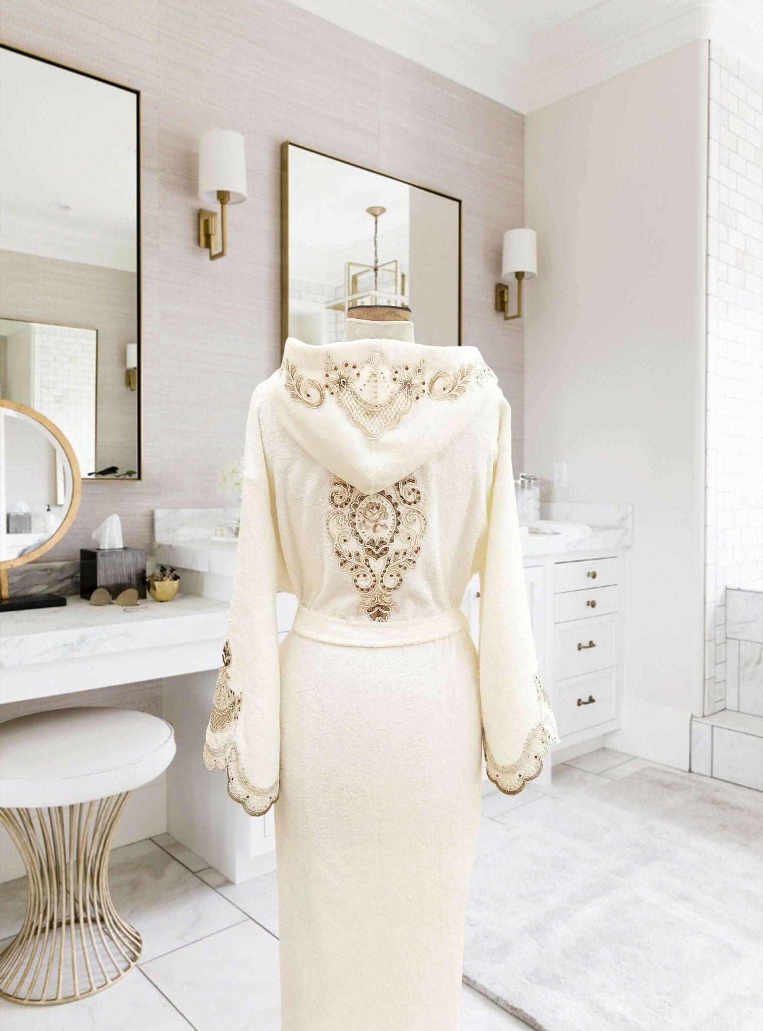 Fiona Floral Embroidery Lace White Women's Bathrobe Set, Luxury Robe