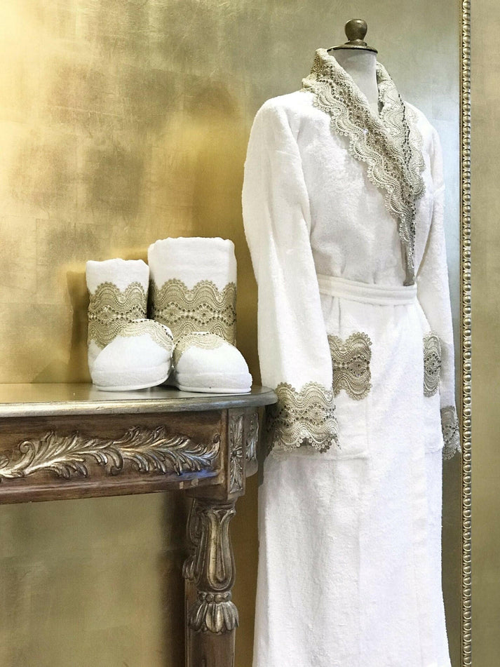 Gunes Luxury Embroidery Lace White Women's Bathrobe Set, Elegant Robe