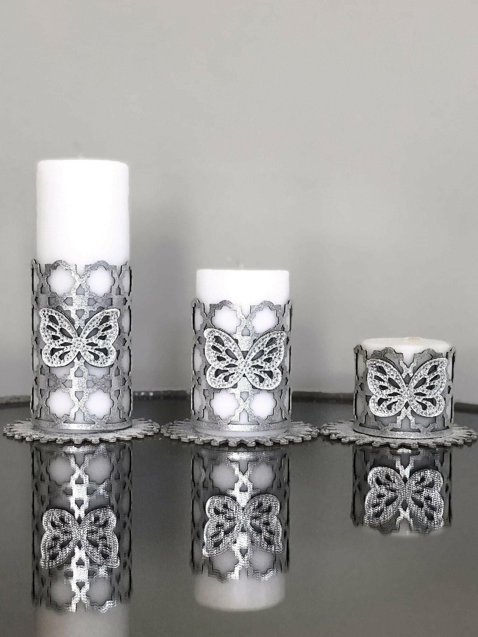 Kelebek Candle Set of 3, Leather Butterfly Pattern, Decorative Candles