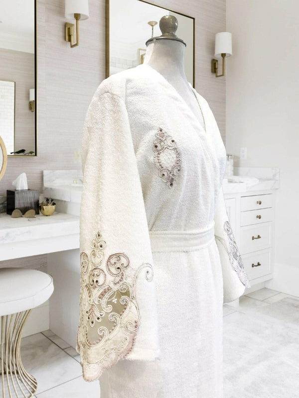 Lale Embroidered Lace White Women's Bathrobe Set, Elegant Luxury Robe