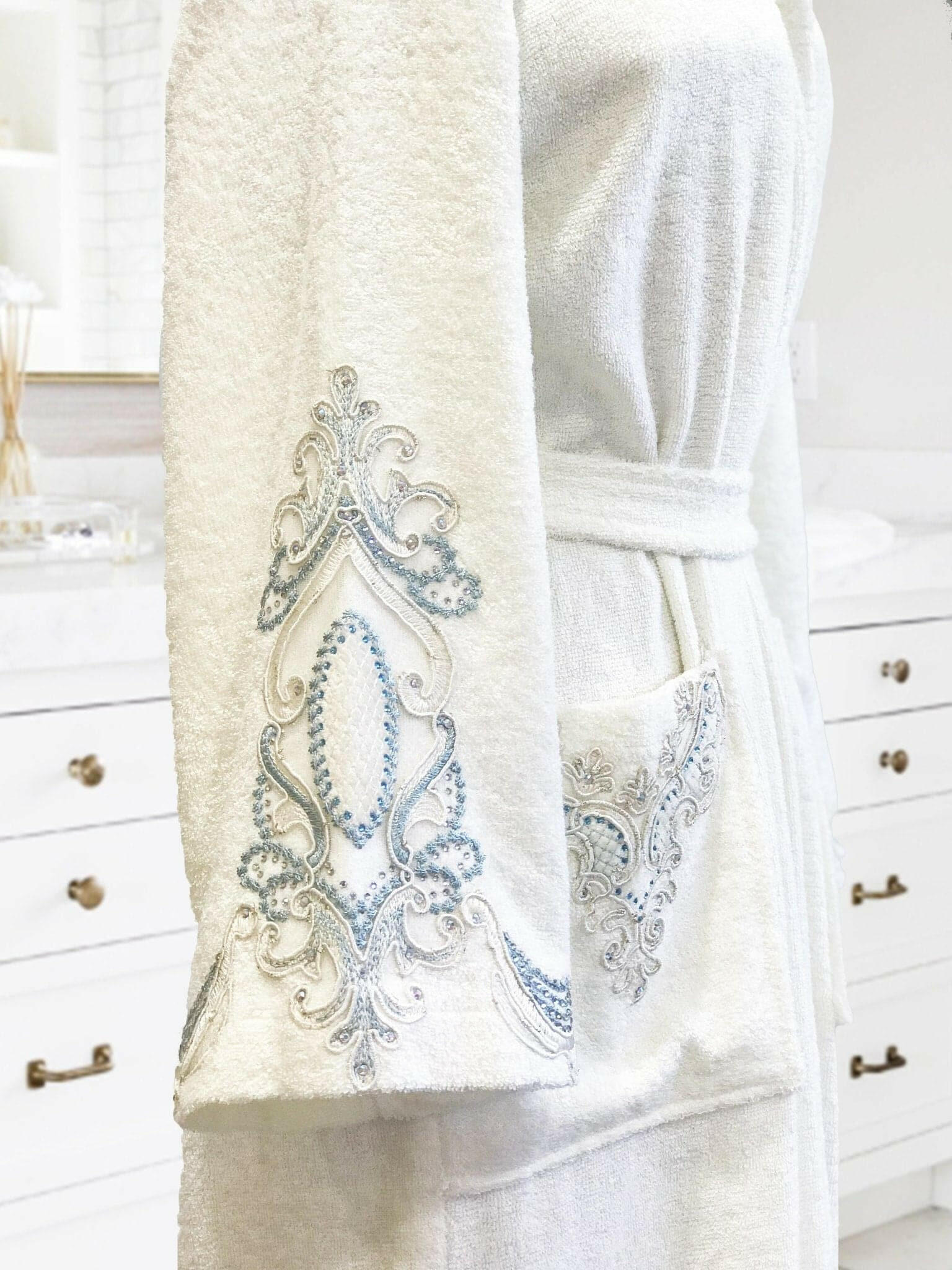 Mina French Blue Chantilly Embroidery Lace White Women's Bathrobe Set