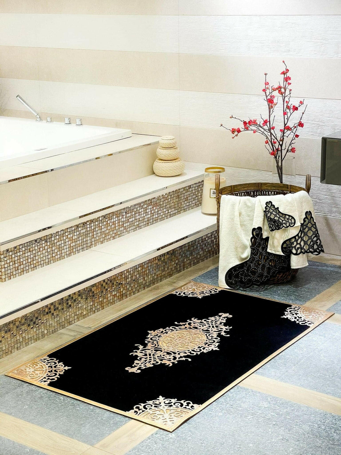 Ruya Rectangular Velvet Rug - Royal Style Velvet Appliqué Non Slip Mat