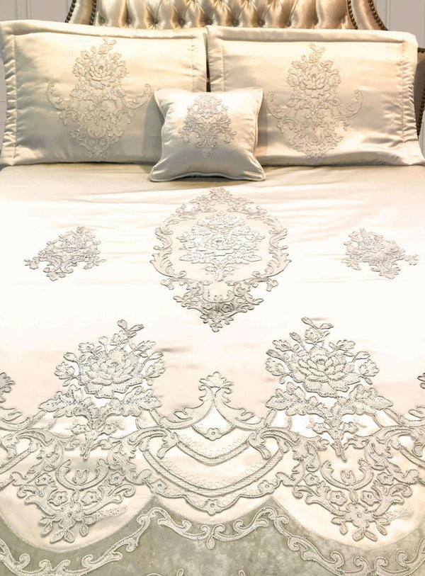Tuana Floral Embroidery Lace 5 piece Satin Bed Cover Set, Bedspreads