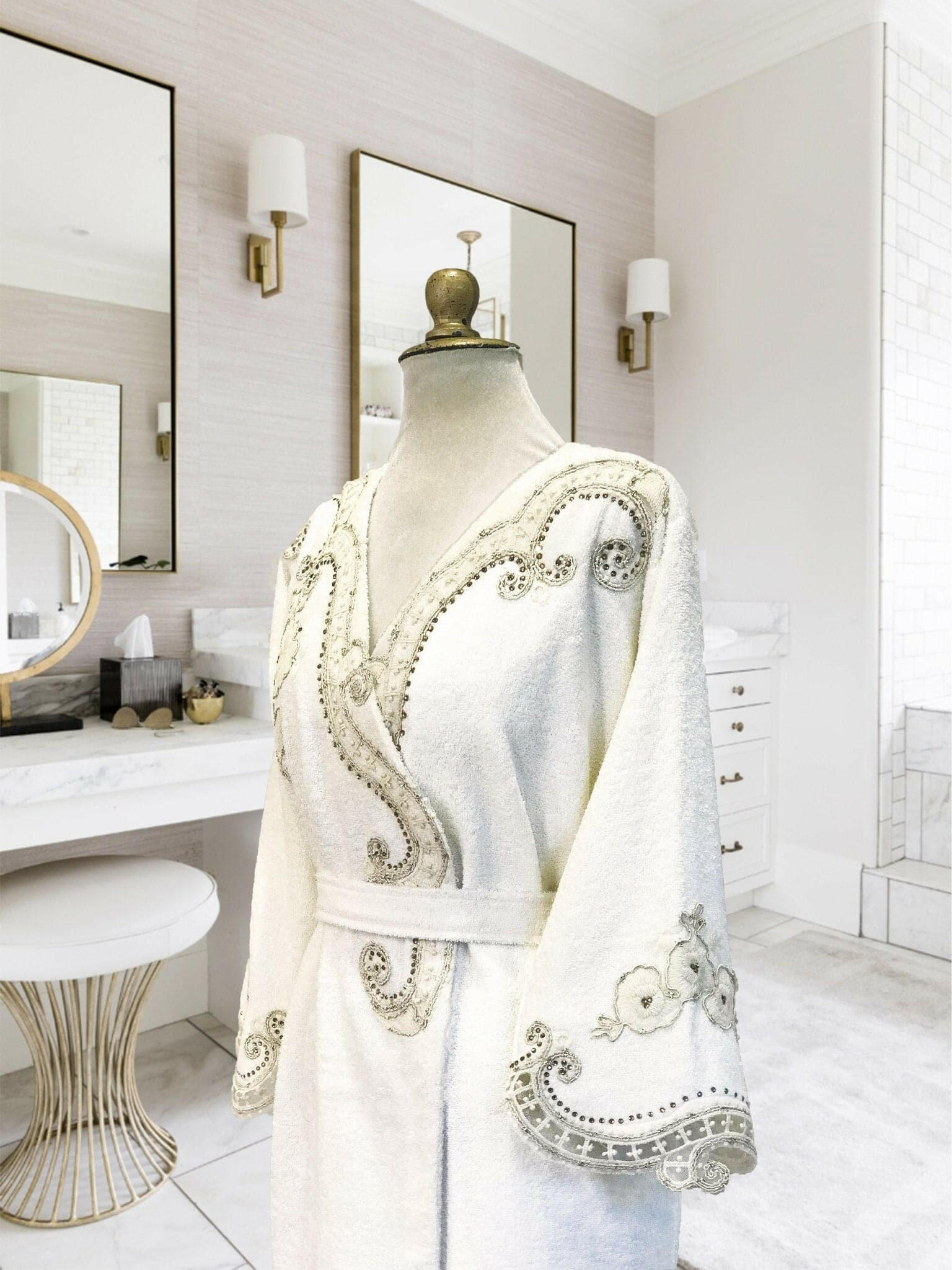 Tuba Floral Embroidery Lace White Women's Robe Tulle Back Bathrobe Set